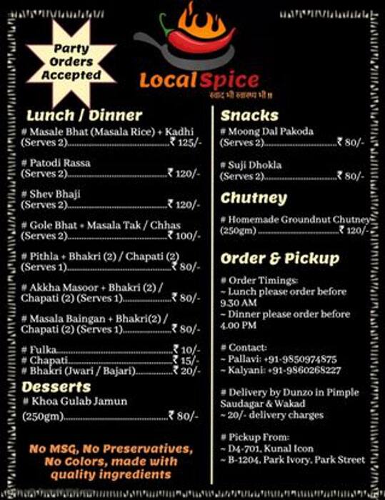 Menu of Local Spice, Wakad, Pune
