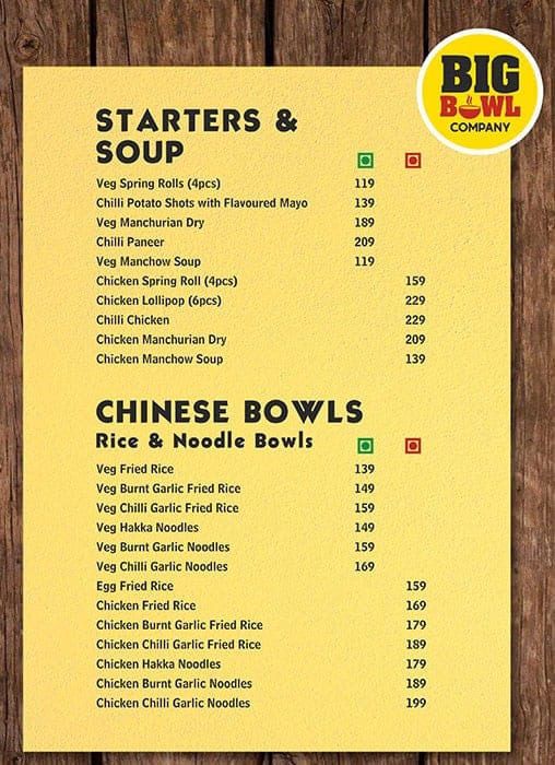 Menu of Big Bowl, Gachibowli, Hyderabad