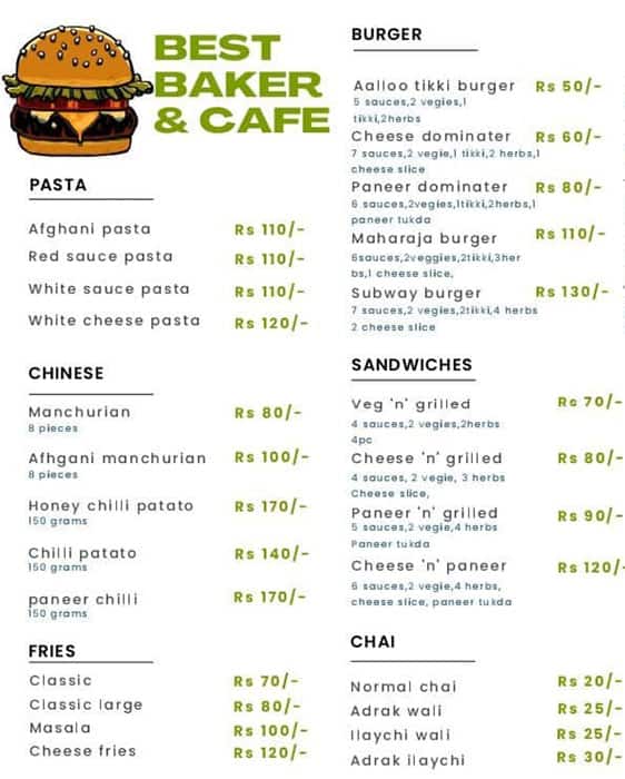 Menu of Best Baker And Cafe, Subhash Nagar, Dehradun
