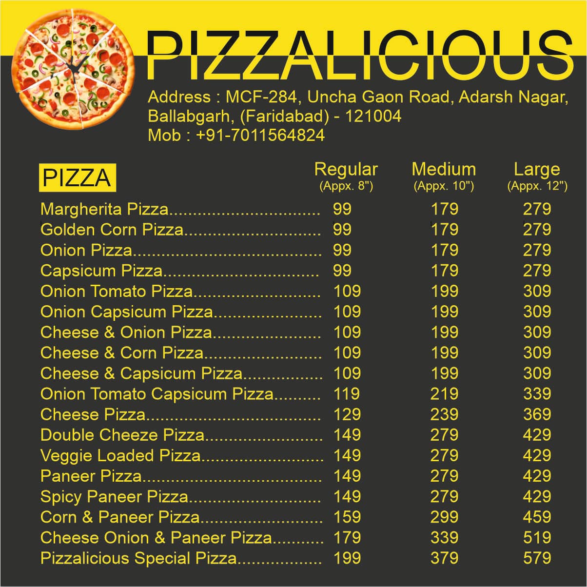 Menu of Pizzalicious, Sector 2, Faridabad