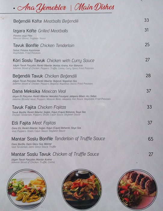 Menu at YunusEmre Teras Cafe, Istanbul