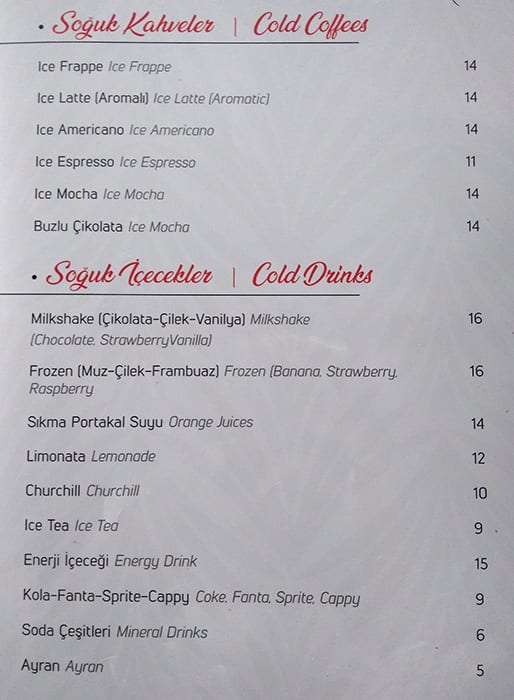 Menu at YunusEmre Teras Cafe, Istanbul