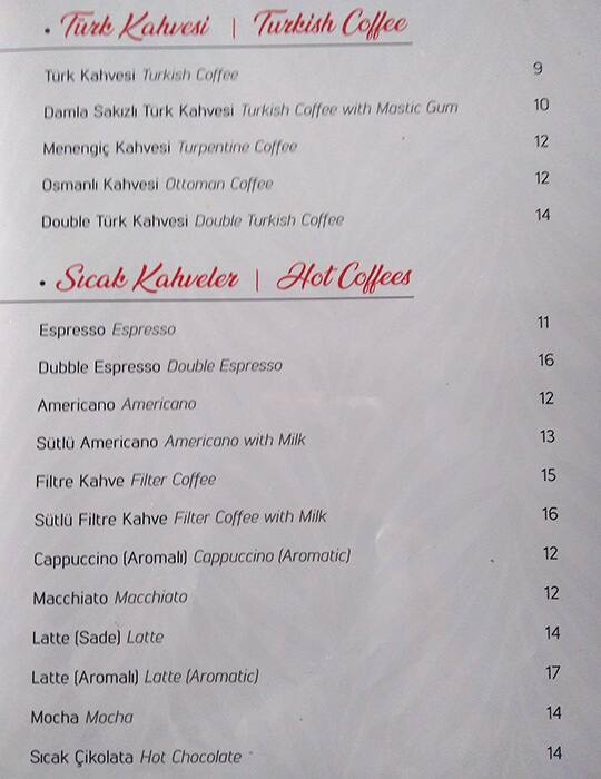 Menu at YunusEmre Teras Cafe, Istanbul