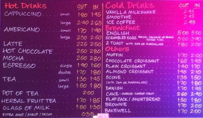 Menu at Pimlico village cafe, London, 5 Lupus St