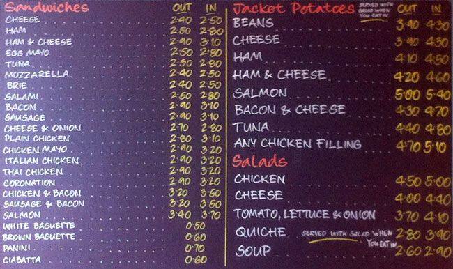 Menu at Pimlico village cafe, London, 5 Lupus St