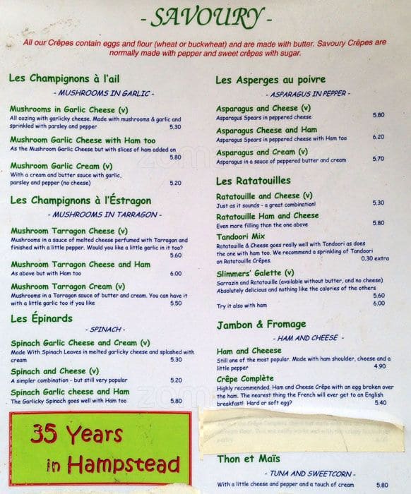 Menu at La Creperie de Hampstead fast food, London