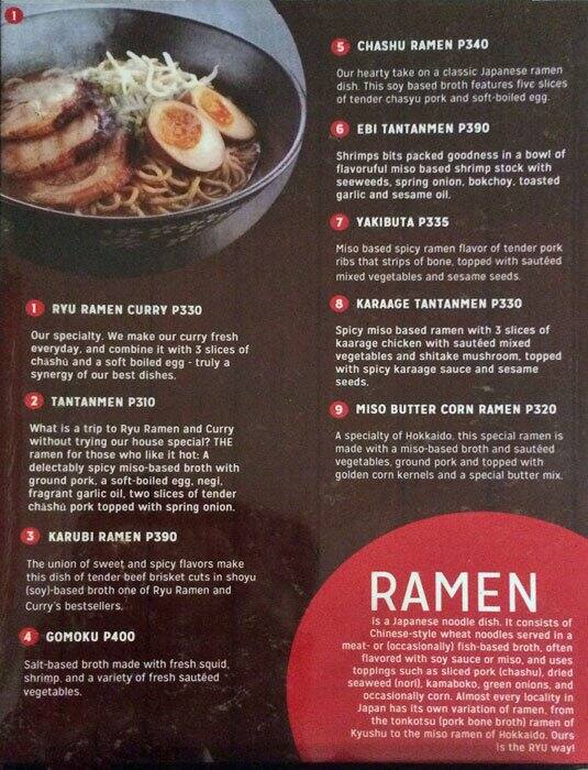 RYU Ramen & Curry Menu, Menu for RYU Ramen & Curry, Tomas Morato ...