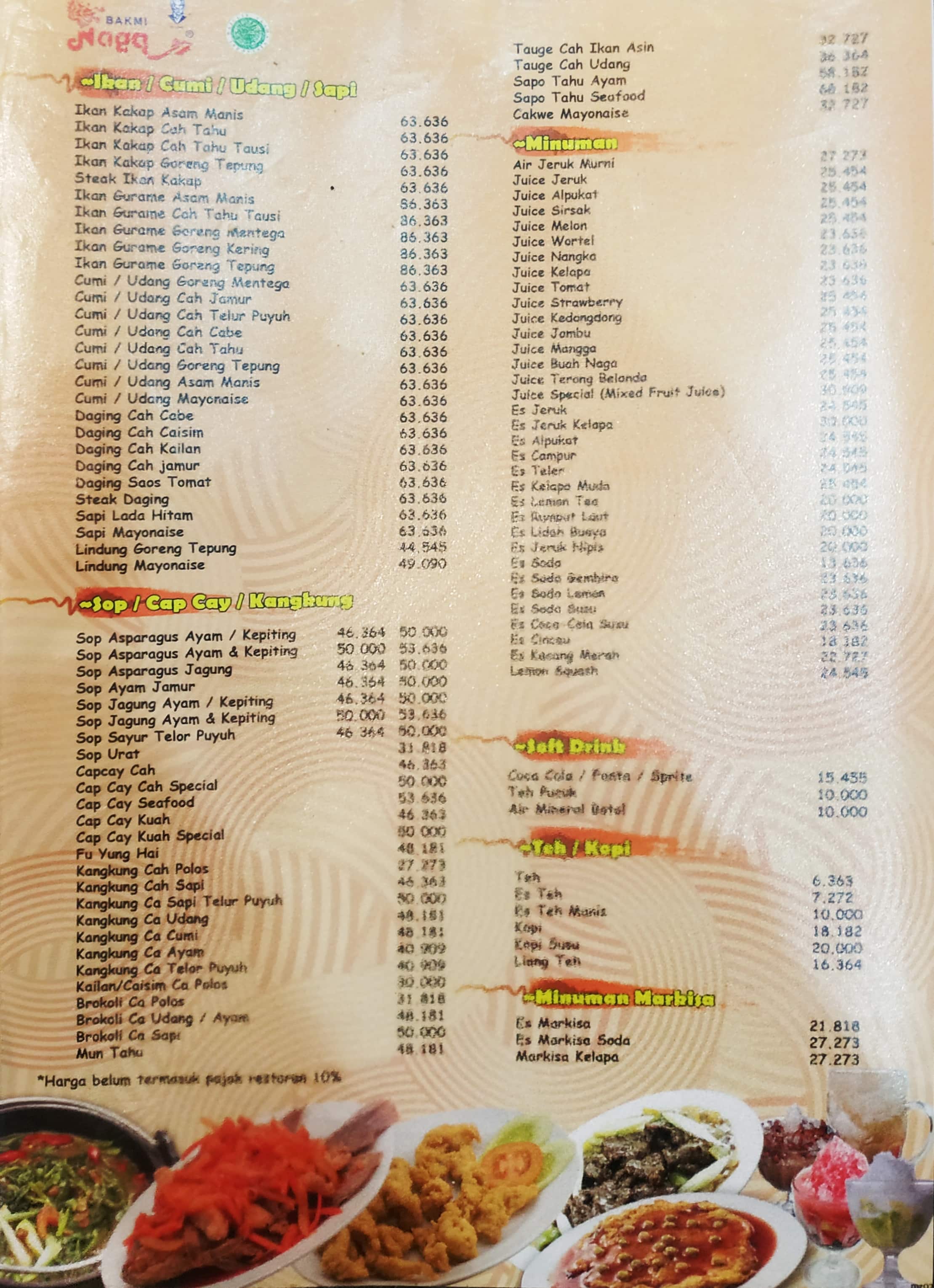 Menu at Bakmi Naga restaurant, Jakarta