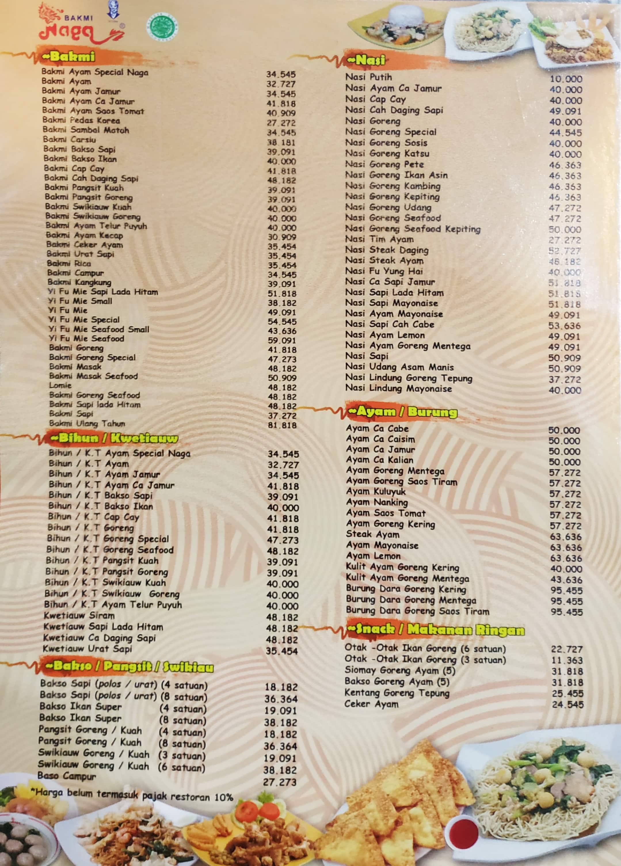 Menu at Bakmi Naga restaurant, Jakarta