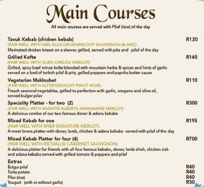Menu at A'la Turka restaurant, Pretoria