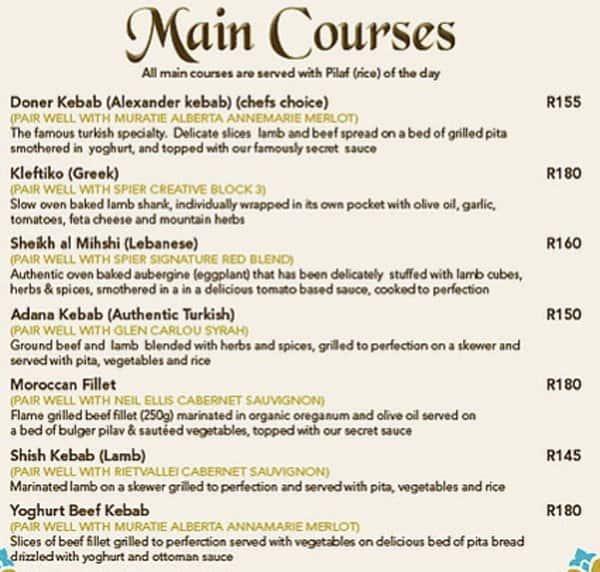 Menu at A'la Turka restaurant, Pretoria