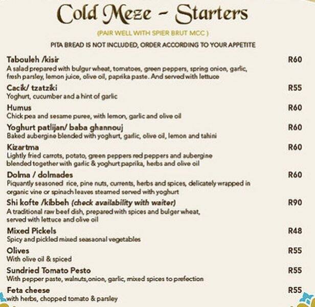 Menu at A'la Turka restaurant, Pretoria