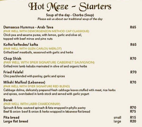 Menu at A'la Turka restaurant, Pretoria