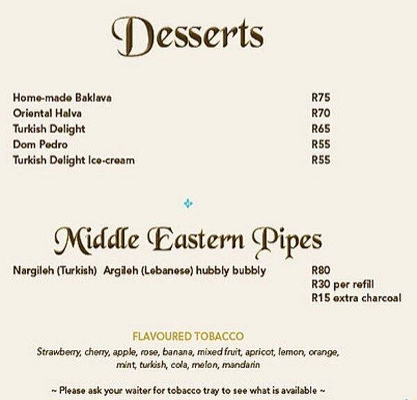 Menu at A'la Turka restaurant, Pretoria