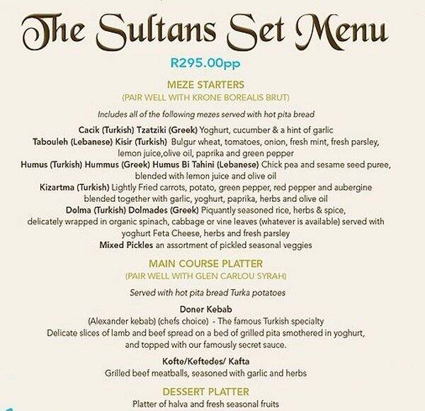 Menu at A'la Turka restaurant, Pretoria