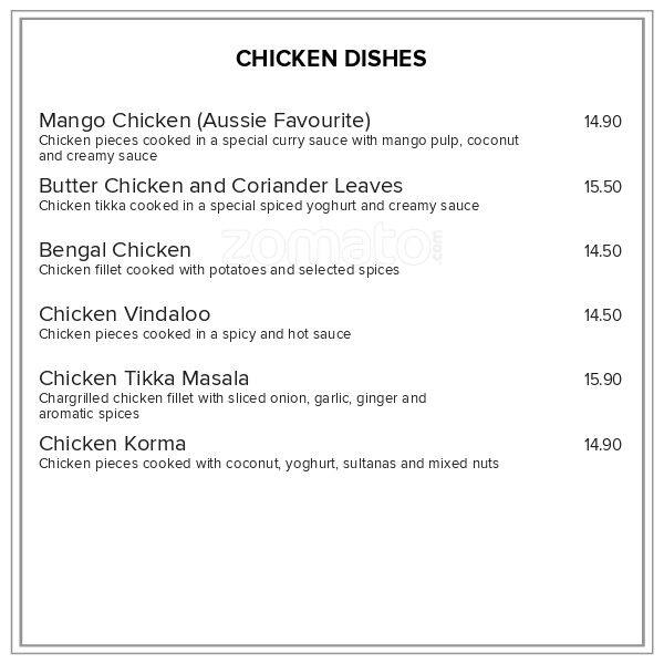 Menu at Taste Of Bengal cafe, Christchurch, 91 Riccarton Road