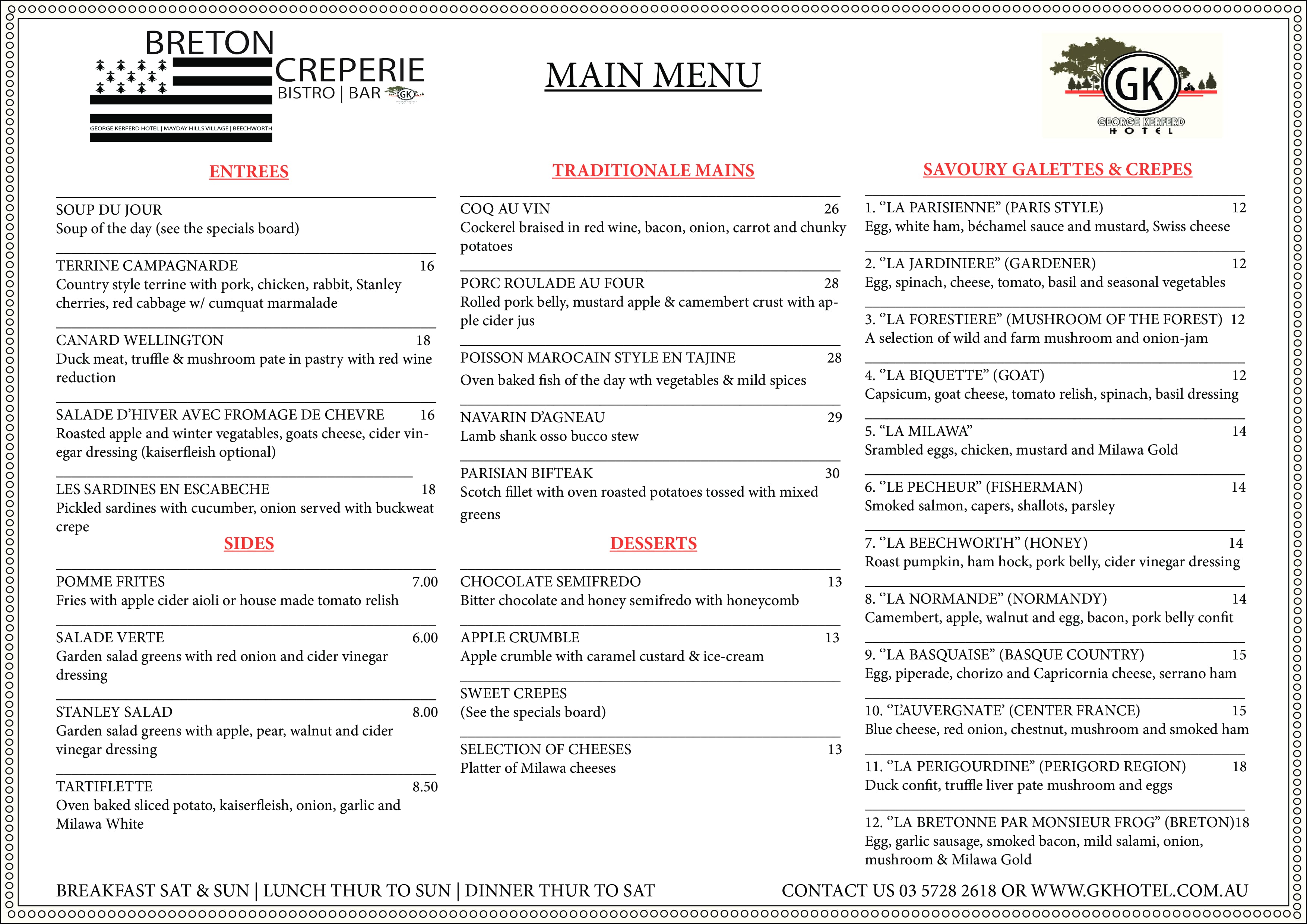 Breton Creperie Menu, Menu for Breton Creperie, Beechworth, Beechworth ...