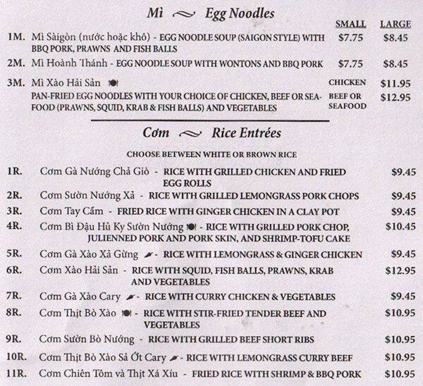 Menu at Pasteur's Noodle Soup restaurant, Everett