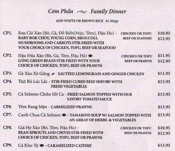 Menu at Pasteur's Noodle Soup restaurant, Everett