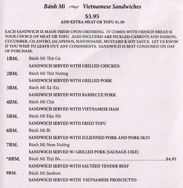 Menu at Pasteur's Noodle Soup restaurant, Everett