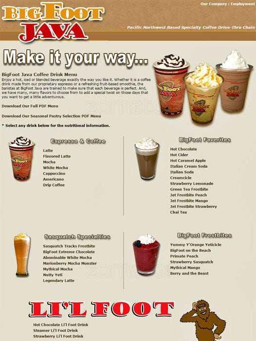 Menu at Big Foot Java restaurant, Everett, 401 SW Everett Mall Way