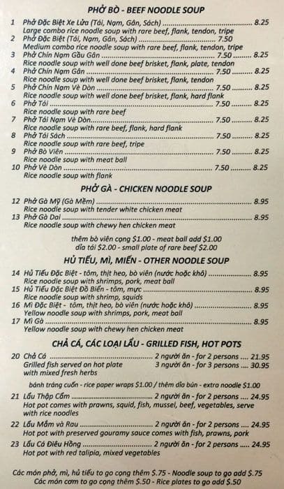Menu at Pho Phi Long restaurant, San Jose
