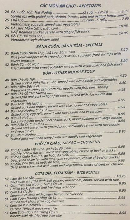 Menu at Pho Phi Long restaurant, San Jose