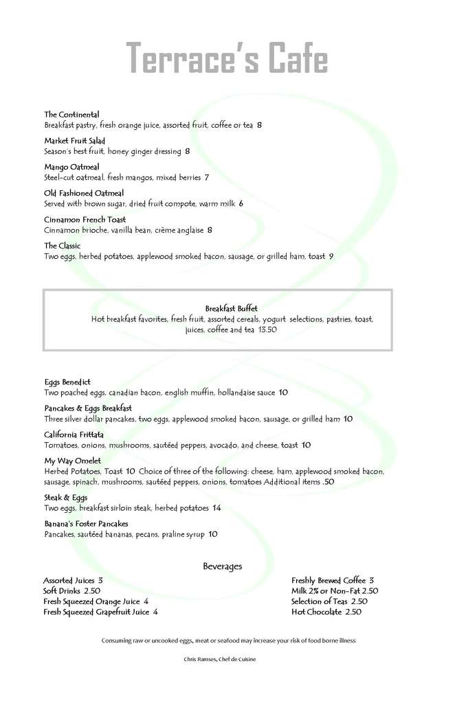 Menu at Terrace's Cafe, San Diego