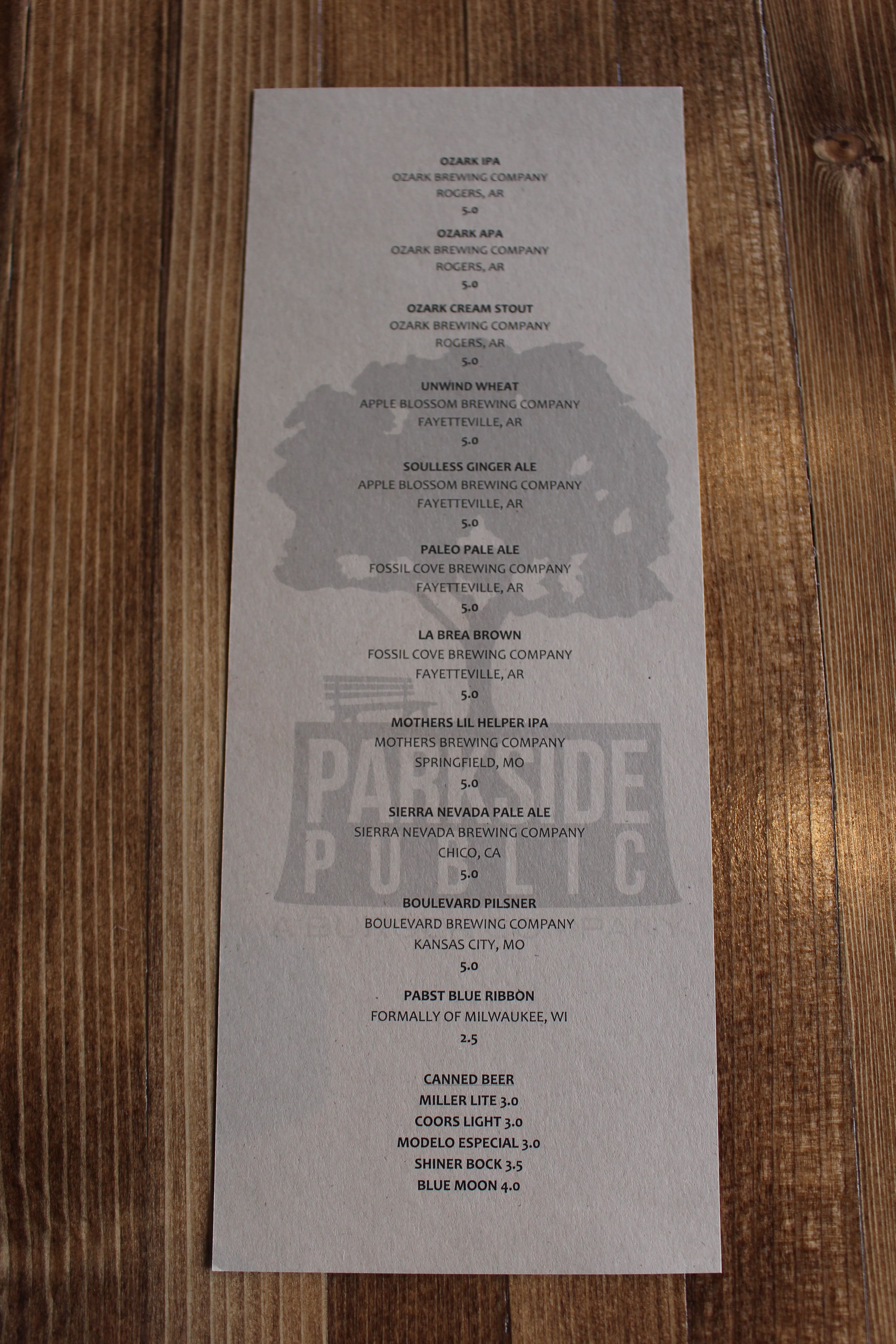 Menu at Parkside Public, Rogers