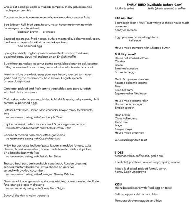 Menu at Merchant & Maker cafe, McCrae