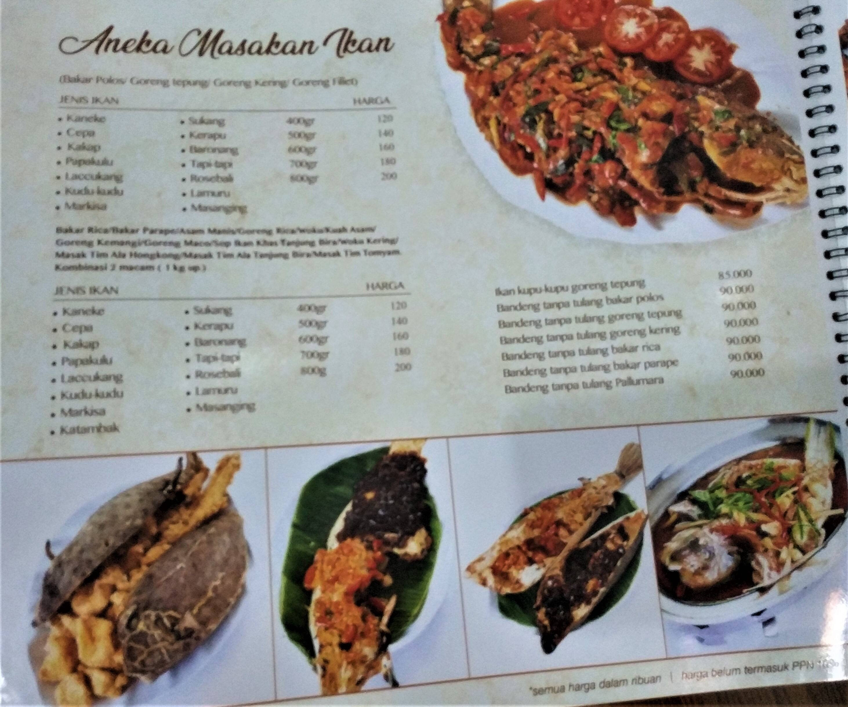 Menu at Tanjung Bira restaurant, Central Jakarta, Jl. Pecenongan No.56