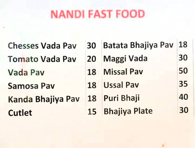 Menu of Nandi Fast Food, Chembur, Mumbai