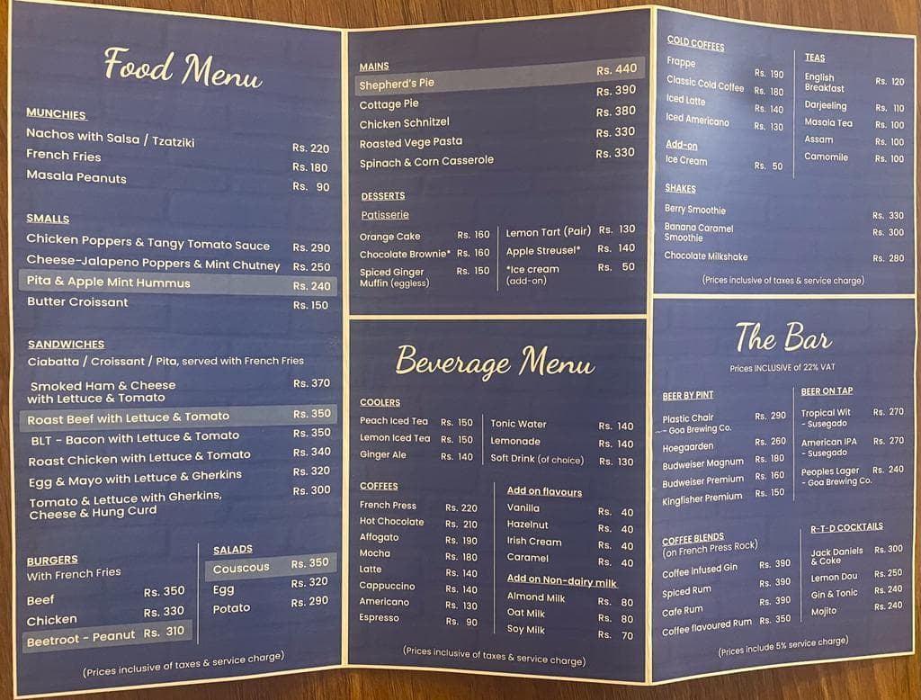 Menu of The Blue Brick Wall, Panaji, Goa