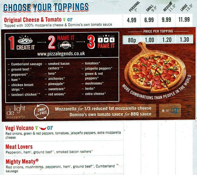Menu at Domino's pizzeria, London, 558 London Road