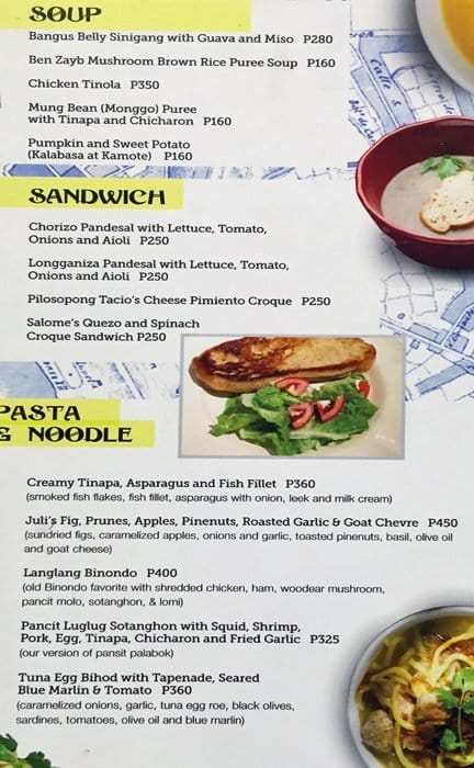 Menu at Pia y Damaso restaurant, Makati