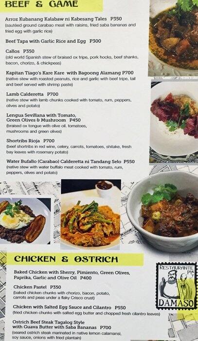 Menu at Pia y Damaso restaurant, Makati