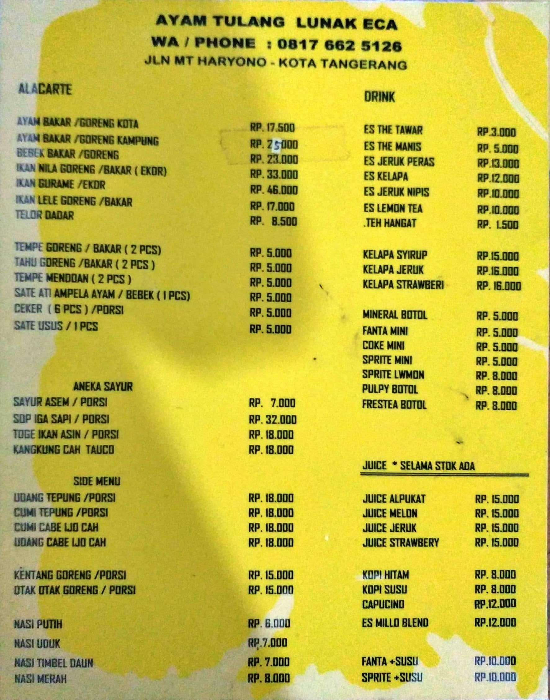 Menu at Ayam Tulang Lunak ECA restaurant, Tangerang