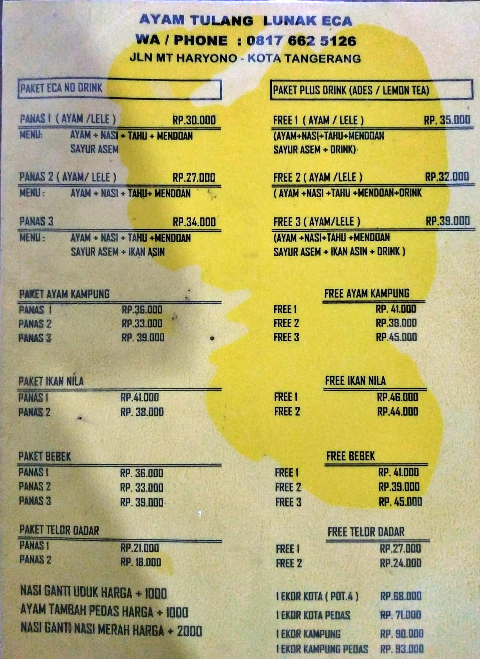 Menu at Ayam Tulang Lunak ECA restaurant, Tangerang
