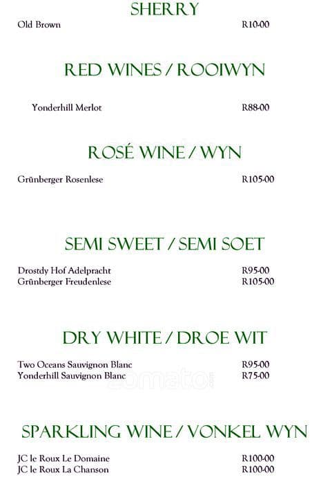 Menu at Monument Restaurant, Pretoria