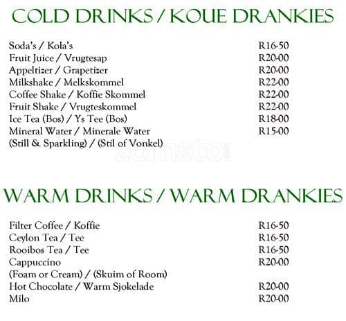 Menu at Monument Restaurant, Pretoria
