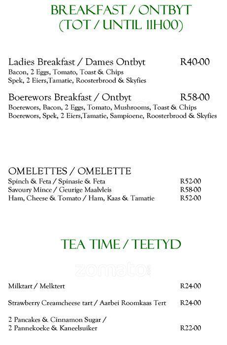 Menu at Monument Restaurant, Pretoria