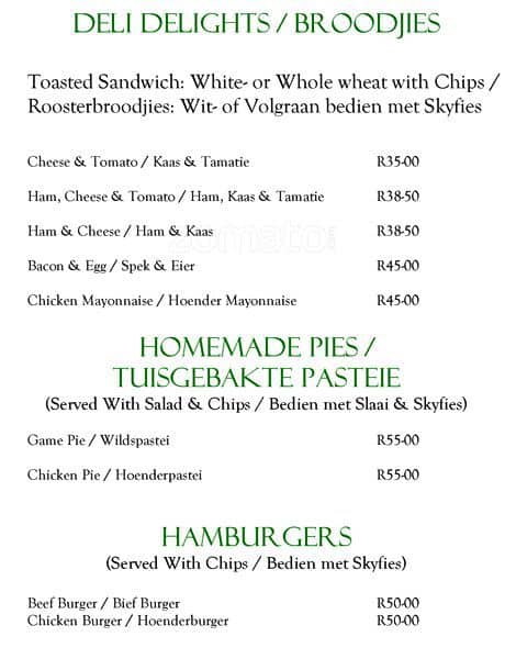 Menu at Monument Restaurant, Pretoria