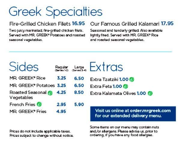 Menu at Mr. Greek restaurant, Mississauga, Argentia Rd
