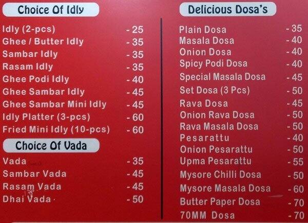 Menu at Mr. Idly Dosa, Hyderabad, Opposite Andhra Bank