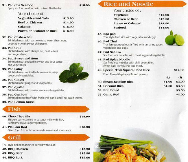 Menu at Thai Square Restaurant, The Basin