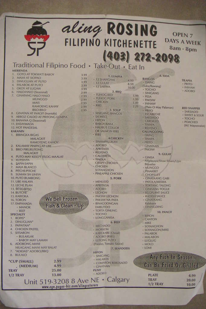 Carta de Aling Rosing Filipino Kitchen, Calgary