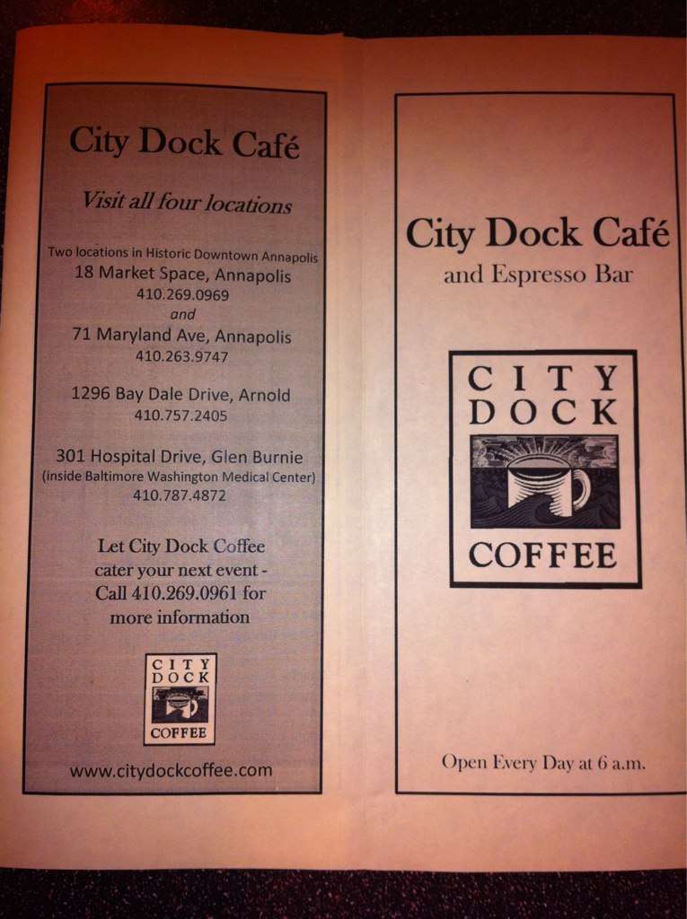 Menu at City Dock Coffee cafe, Annapolis, 18 Market Space