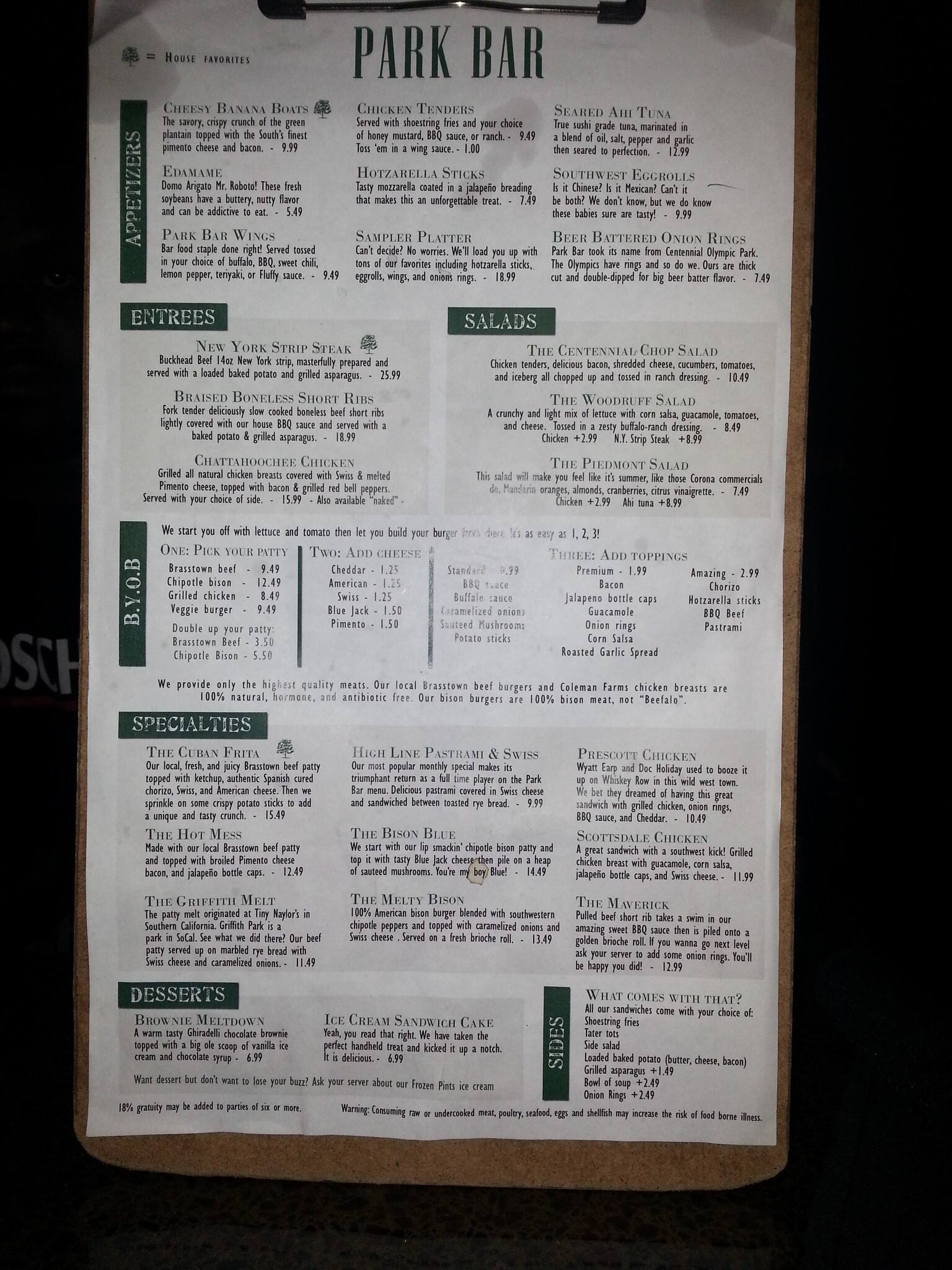 Menu at Park Bar, Atlanta