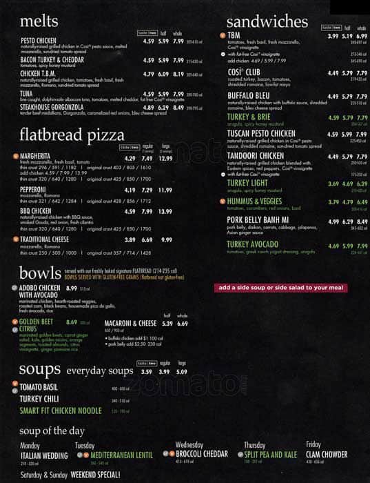 Menu at Così fast food, Philadelphia, 1700 Market St