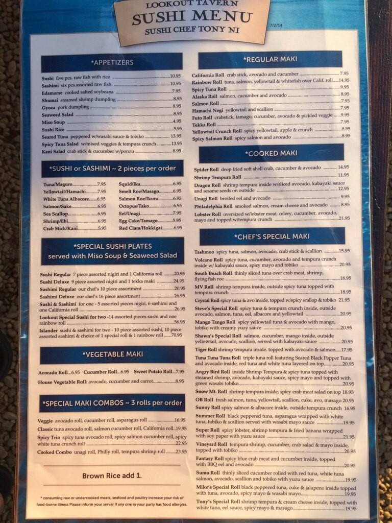 Menu at Lookout Tavern pub & bar, Oak Bluffs, 8 Seaview Ave